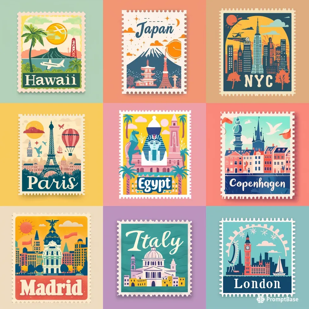 Pastel Travel Postage Stamps Midjourney Prompt | PromptBase