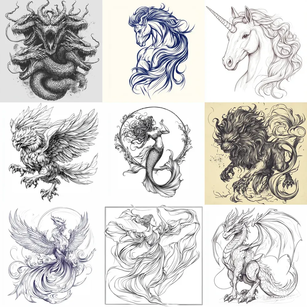 Legendary Line Art Mythical Creatures Midjourney Prompt | PromptBase