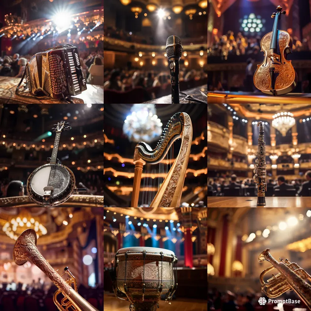 Instruments In Concert Hall Stock Photos Midjourney Prompt | PromptBase