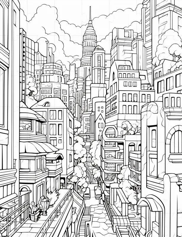 Cityscape Coloring Pages Midjourney Prompt | PromptBase