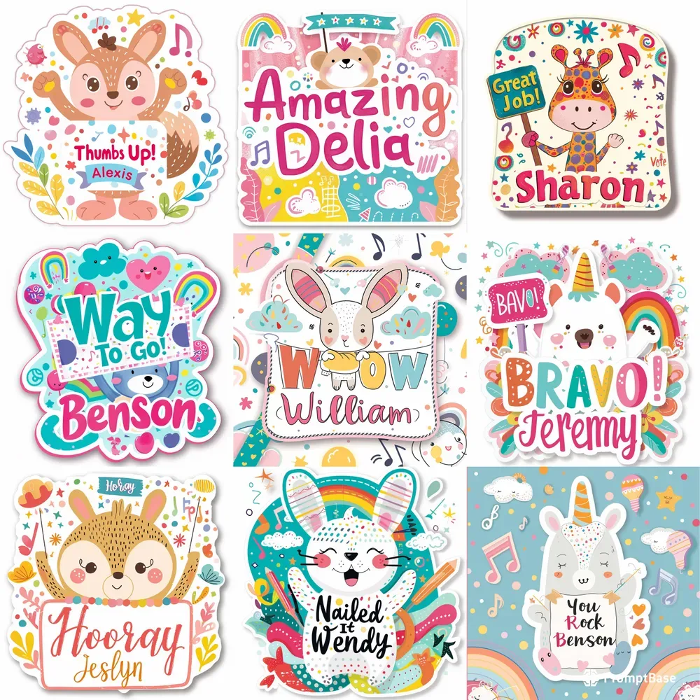 Whimsical Reward Stickers With Names Midjourney Prompt | PromptBase