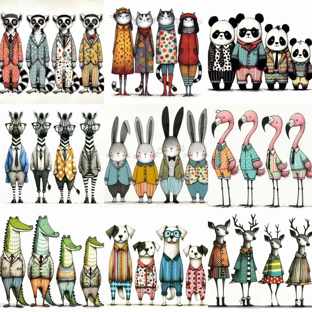 Retro Fashion Animals Illustrations DALL·E Prompt | PromptBase
