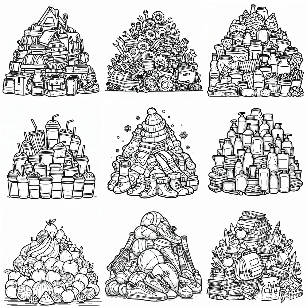 Items Piles Coloring Sheet Pages DALL·E Prompt | PromptBase