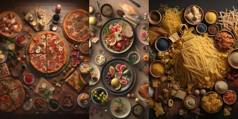 Overhead Visual Foods Midjourney Prompt | PromptBase