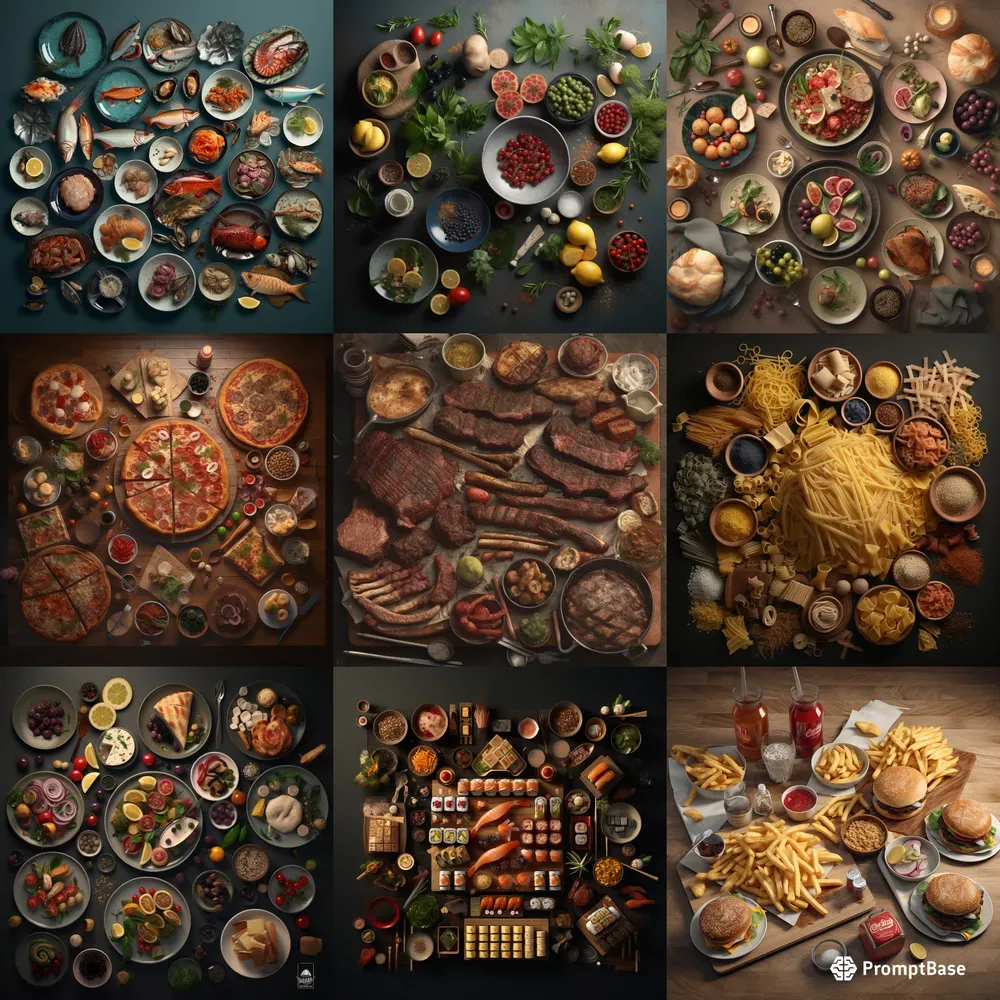 Overhead Visual Foods Midjourney Prompt | PromptBase