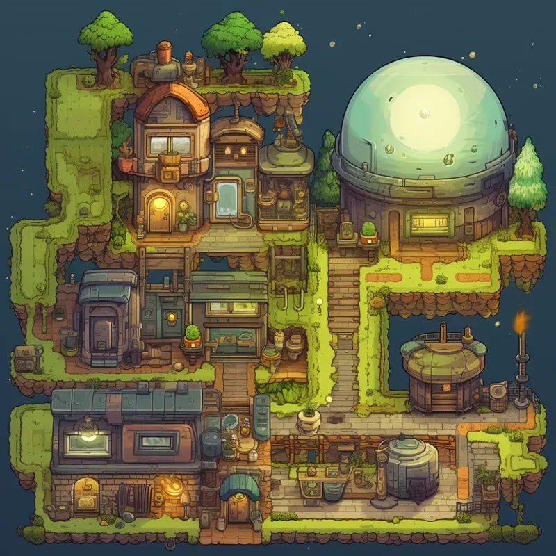 2D Tilemaps Of Steampunk Buildings Midjourney Prompt | PromptBase