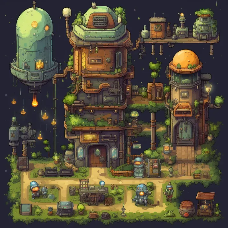 2D Tilemaps Of Steampunk Buildings Midjourney Prompt | PromptBase