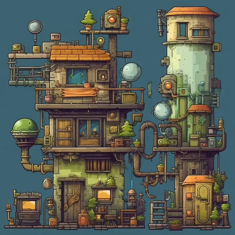 2D Tilemaps Of Steampunk Buildings Midjourney Prompt | PromptBase