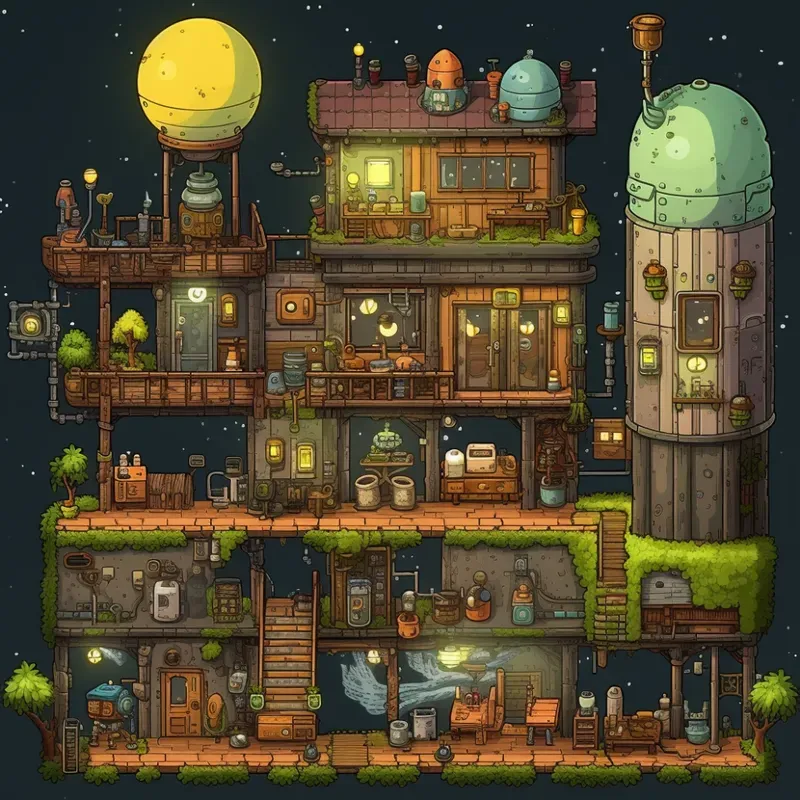 2D Tilemaps Of Steampunk Buildings Midjourney Prompt | PromptBase