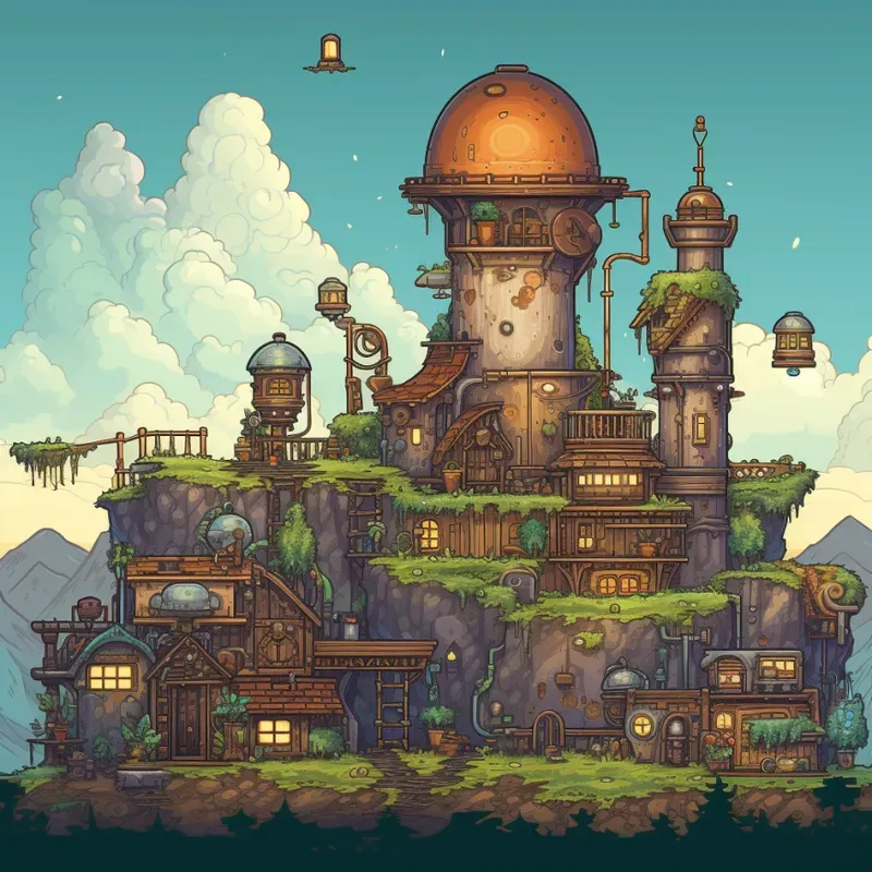 2D Tilemaps Of Steampunk Buildings Midjourney Prompt | PromptBase