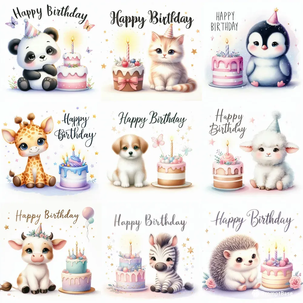 Cute Birthday Animals Watercolor Art DALL·E Prompt | PromptBase