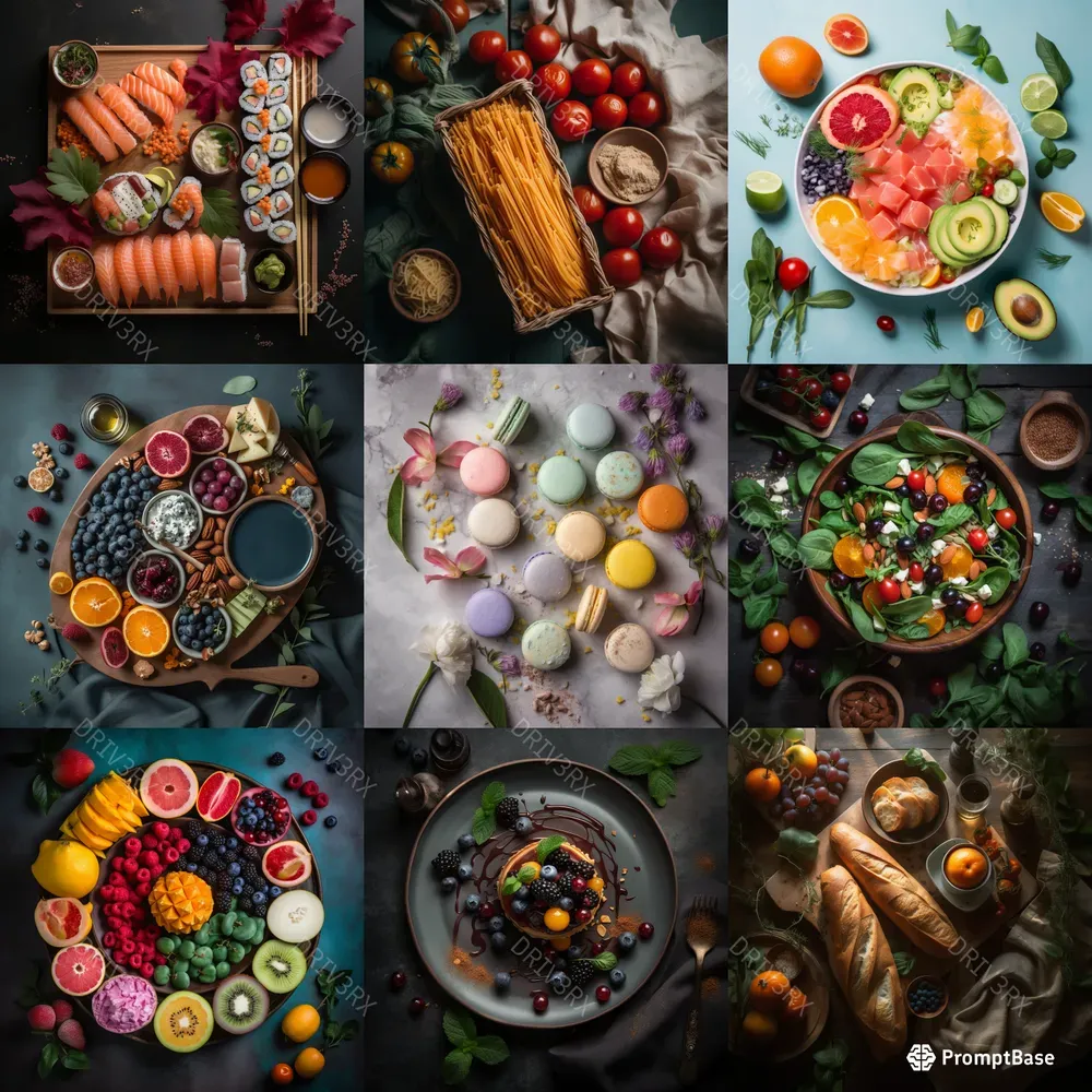 Overhead Food Photography Presets Midjourney Prompt | PromptBase