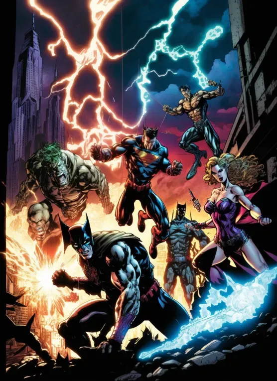 Epic Superhero Comics Battle Wallpapers Midjourney Prompt | PromptBase