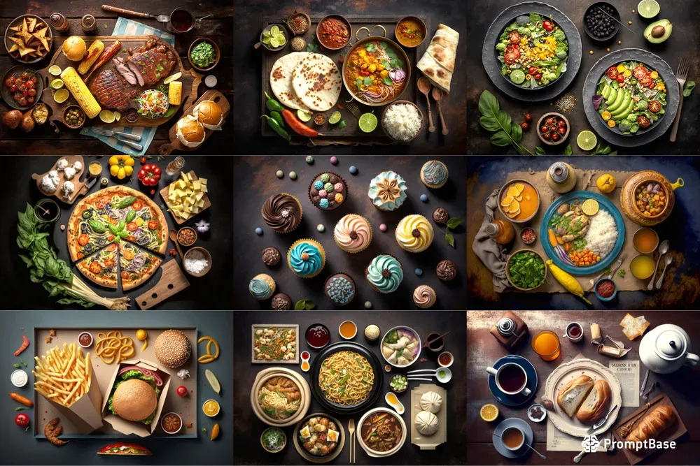 Top View Food Photographs For Delivery Apps Midjourney Prompt | PromptBase