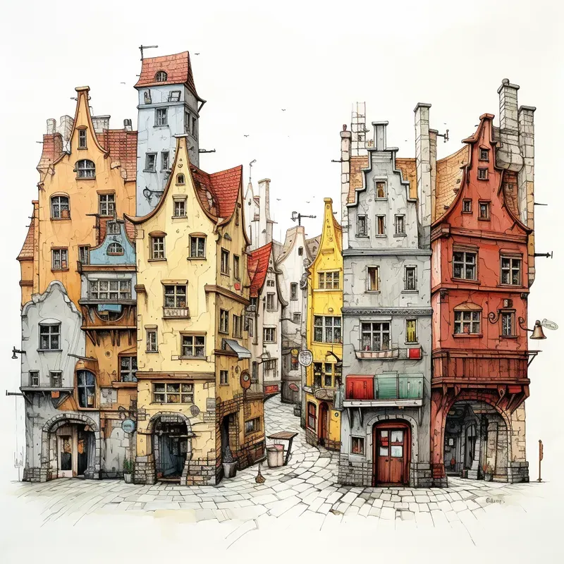 Cute Cities Towns Drawing Posters Postcards Midjourney Prompt | PromptBase