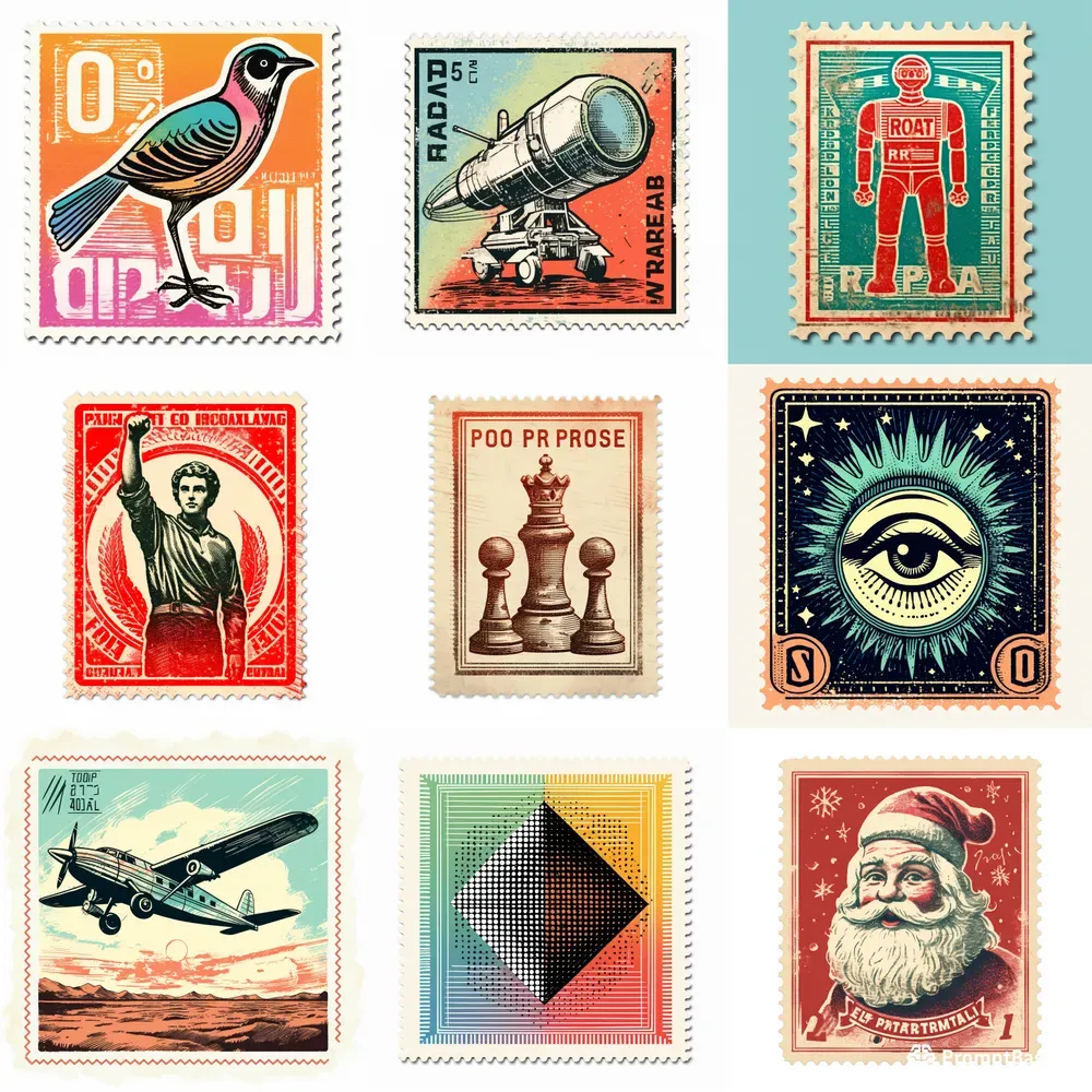 Vintage Graphic Postal Stamps Midjourney Prompt | PromptBase