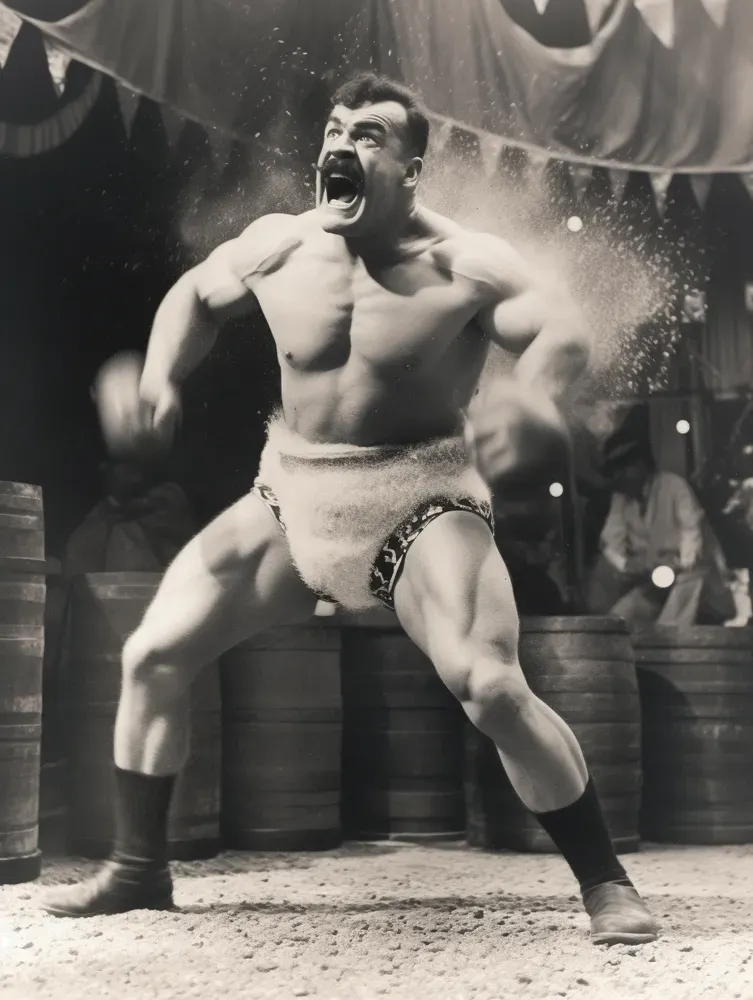 Vintage Strongmen Circus Bodybuilders Midjourney Prompt | PromptBase