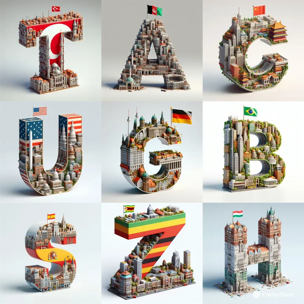 3D Letters Made By Countries Monuments DALL·E Prompt | PromptBase