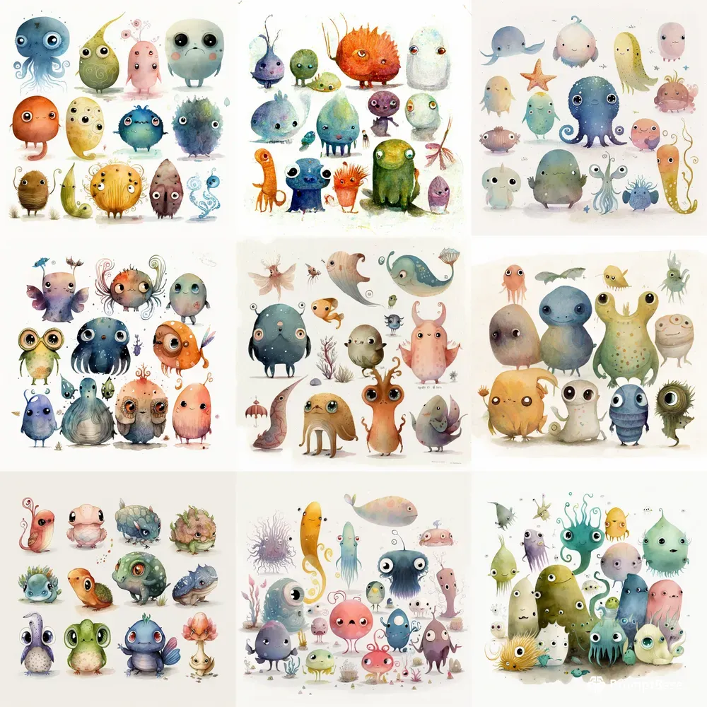 Cute 2D Monsters Sets Midjourney Prompt | PromptBase
