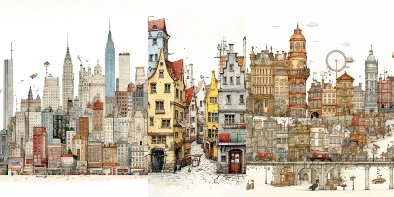 Cute Cities Towns Drawing Posters Postcards Midjourney Prompt | PromptBase