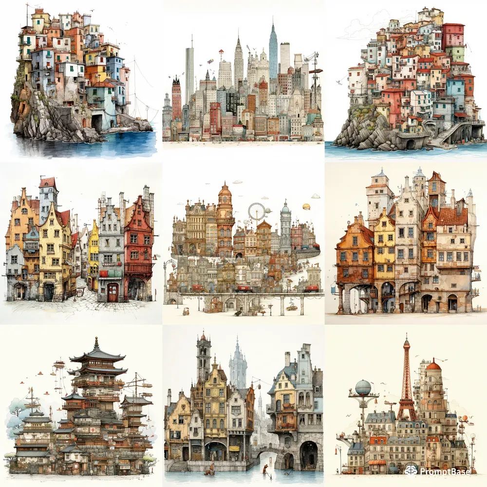 Cute Cities Towns Drawing Posters Postcards Midjourney Prompt | PromptBase