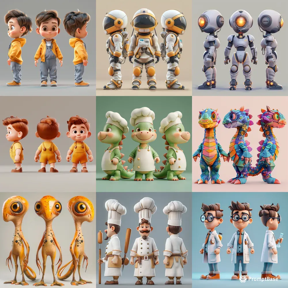 3D Character Turnaround Concepts Midjourney Prompt | PromptBase