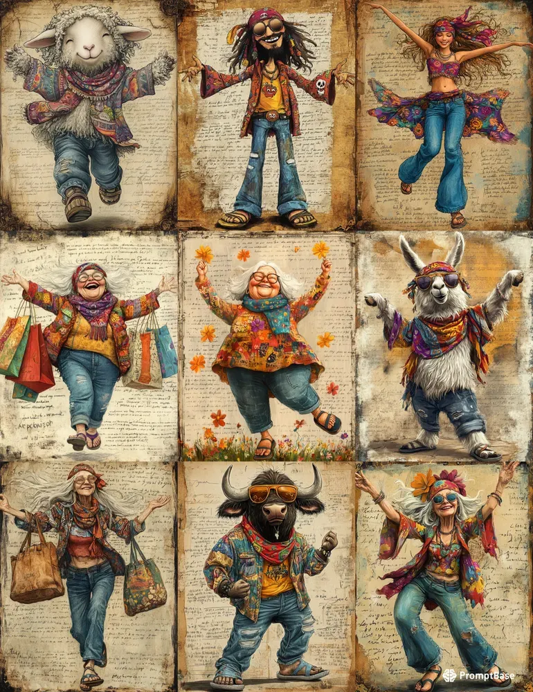 Hippie Funny Characters Junk Journals Midjourney Prompt | PromptBase