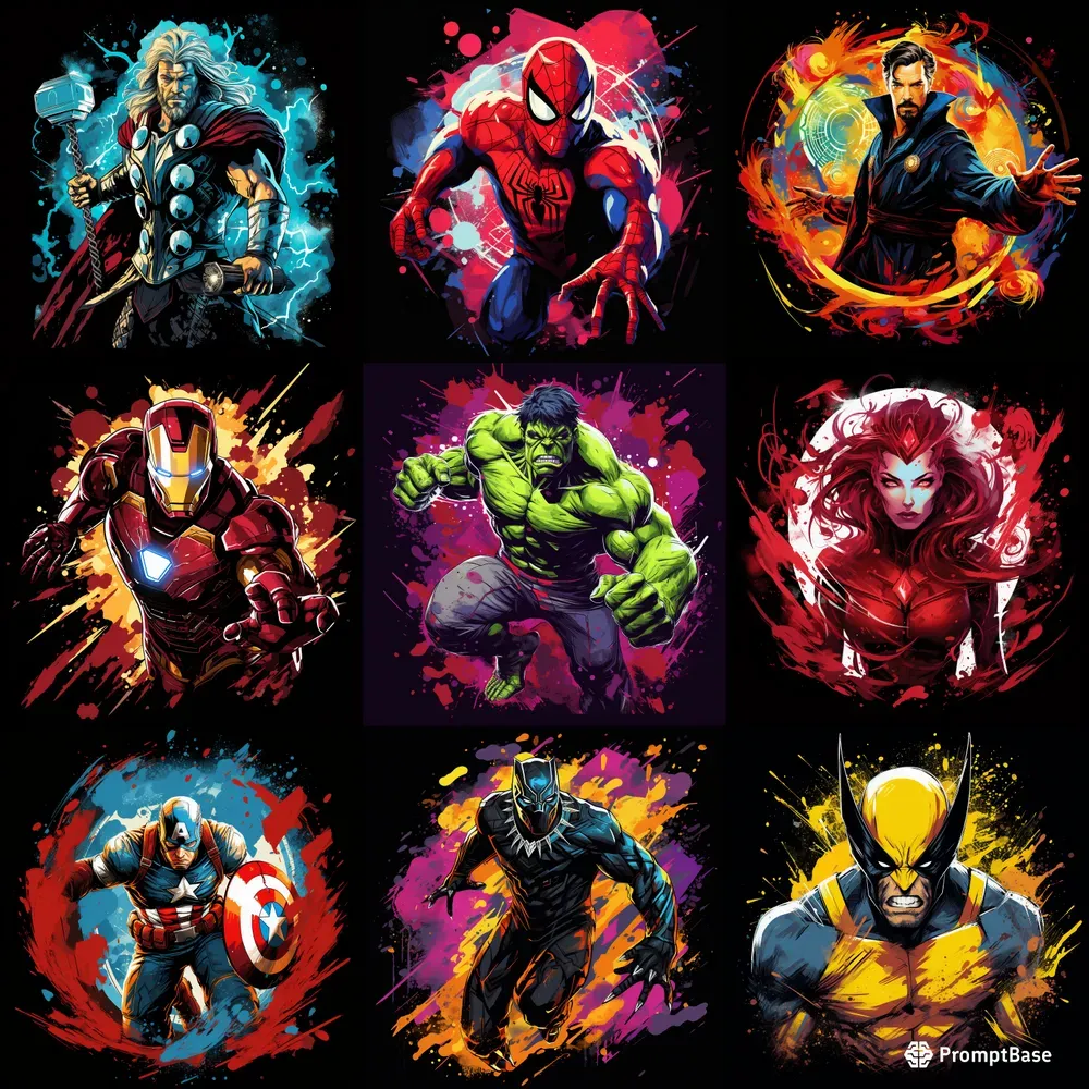 Marvel Comics Characters Tshirt Designs Midjourney Prompt | PromptBase