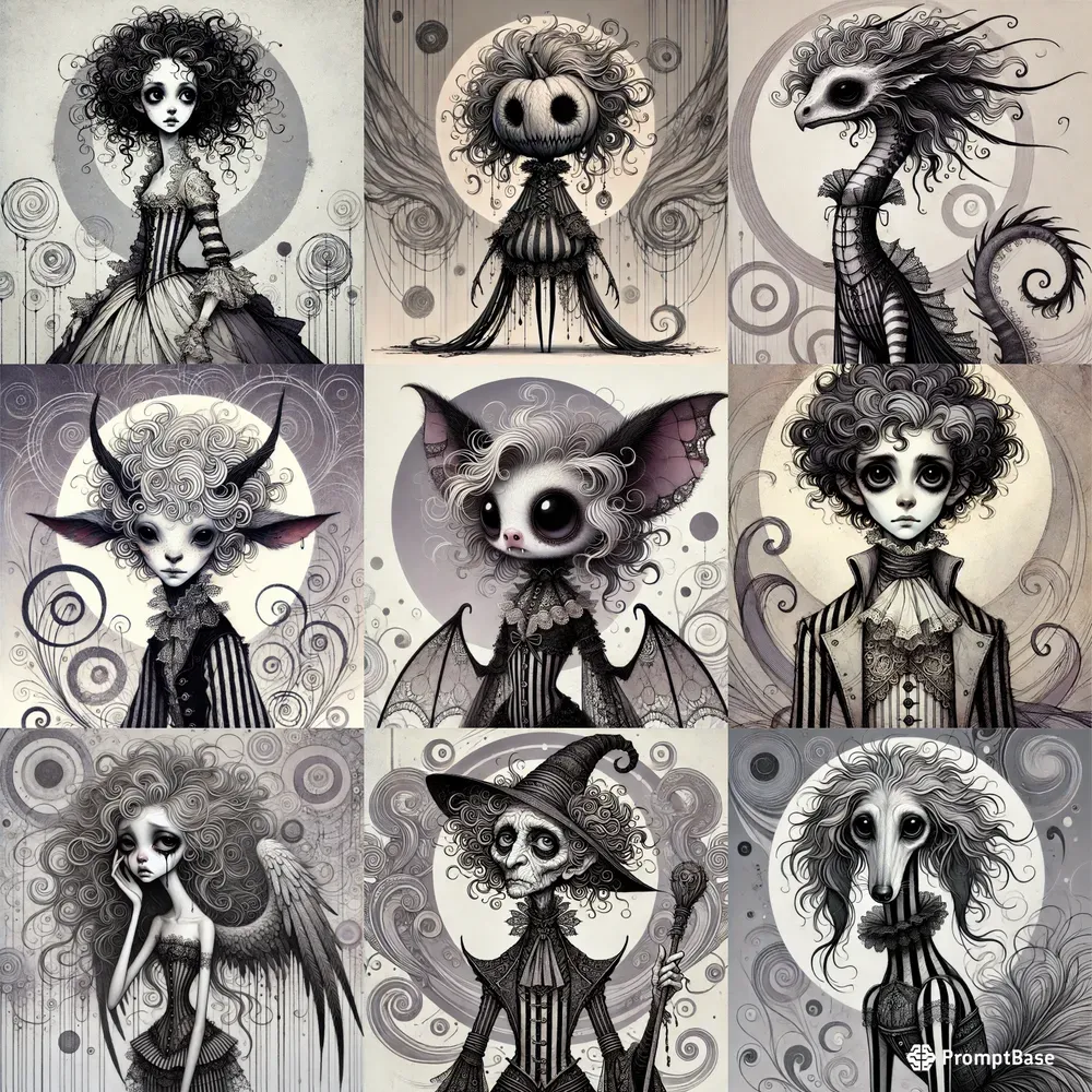 Tim Burtons Style Characters DALL·E Prompt | PromptBase