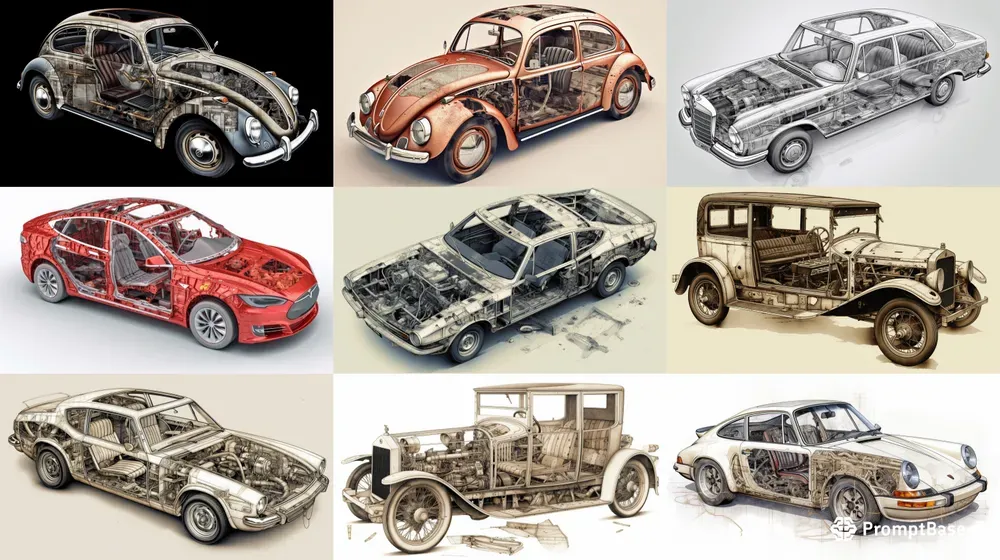 Iconic Car Dazzling Exploded Drawings Midjourney Prompt | PromptBase