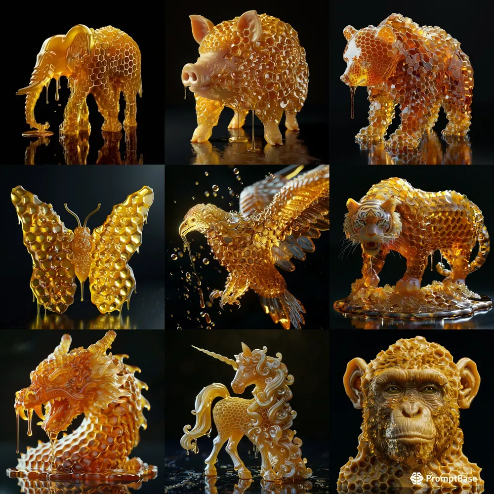 Wax Honeycomb Animal Sculptures Midjourney Prompt | PromptBase