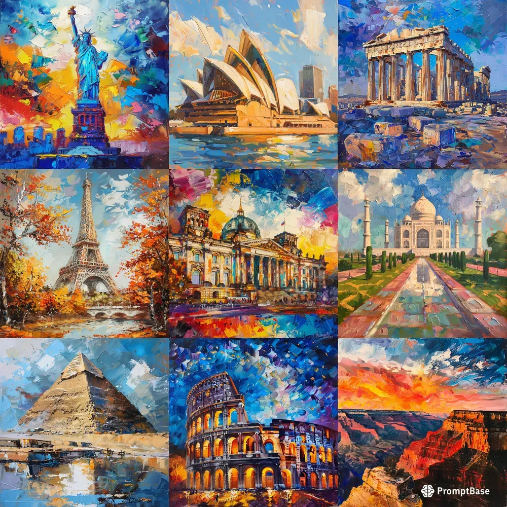 Vibrant Paintings Of Landmark Attractions Midjourney Prompt | PromptBase