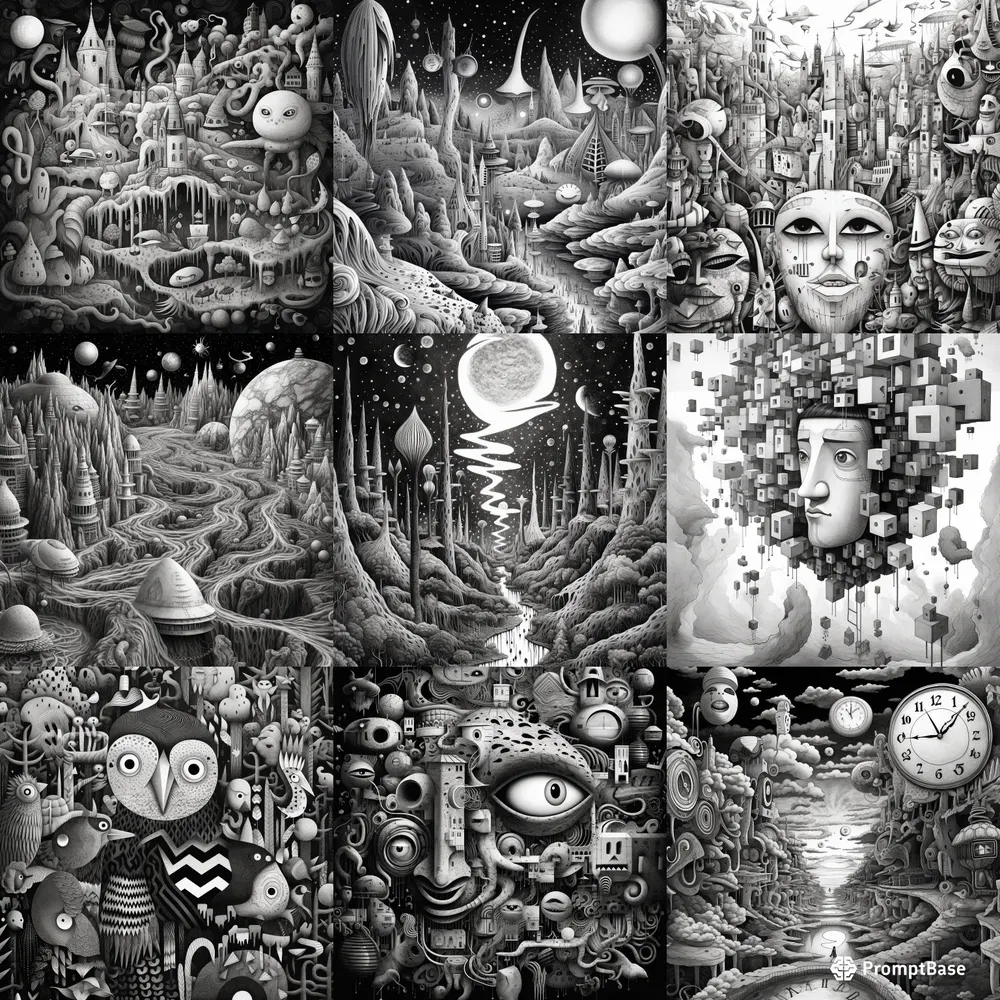 Monochrome Surreal Doodle Art Midjourney Prompt | PromptBase