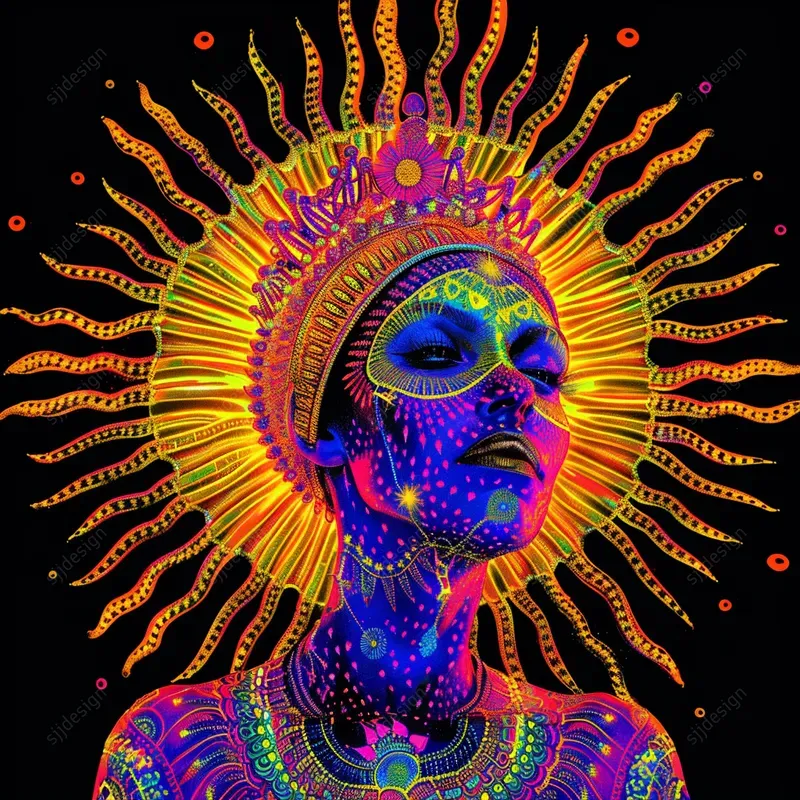 Neon Henna Solar Serenity Art Midjourney Prompt | PromptBase