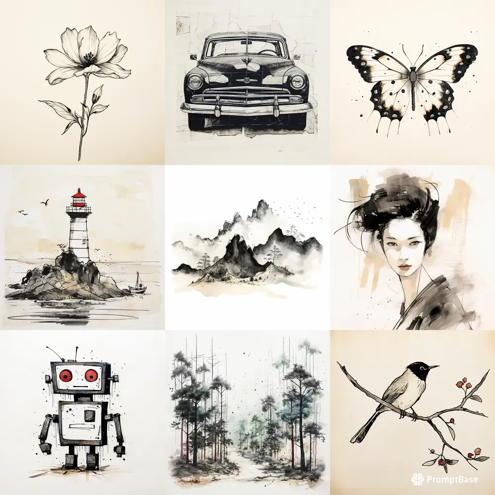 Chinese Ink Cartoons Midjourney Prompt | PromptBase