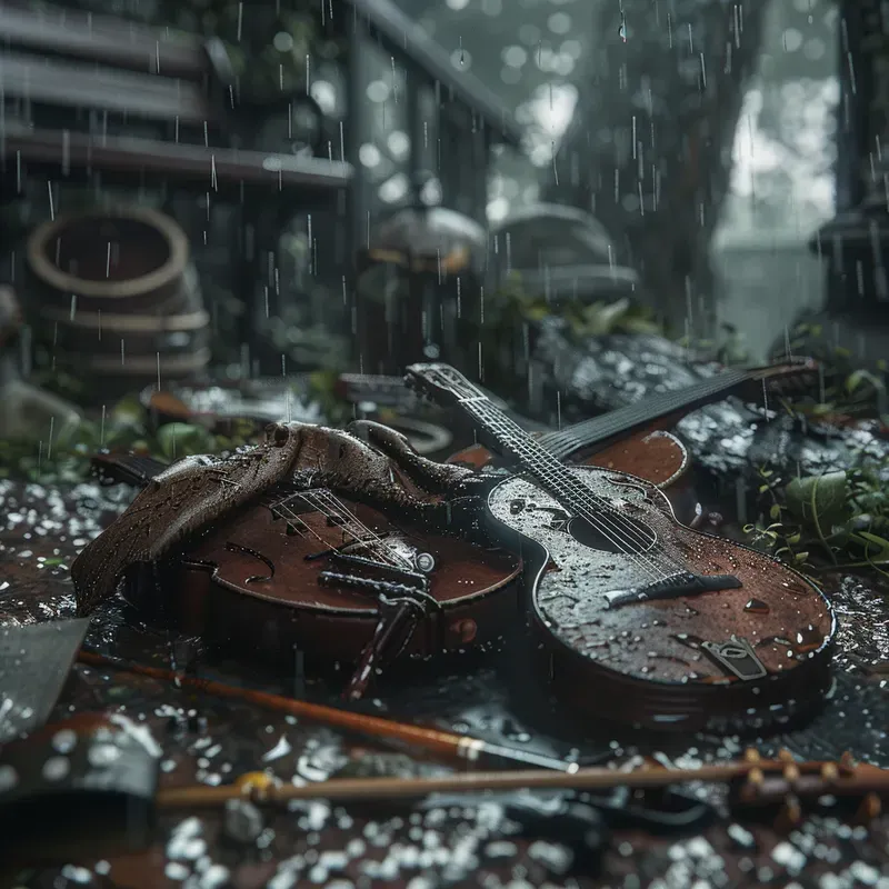 Broken Instruments In The Rain Midjourney Prompt | PromptBase
