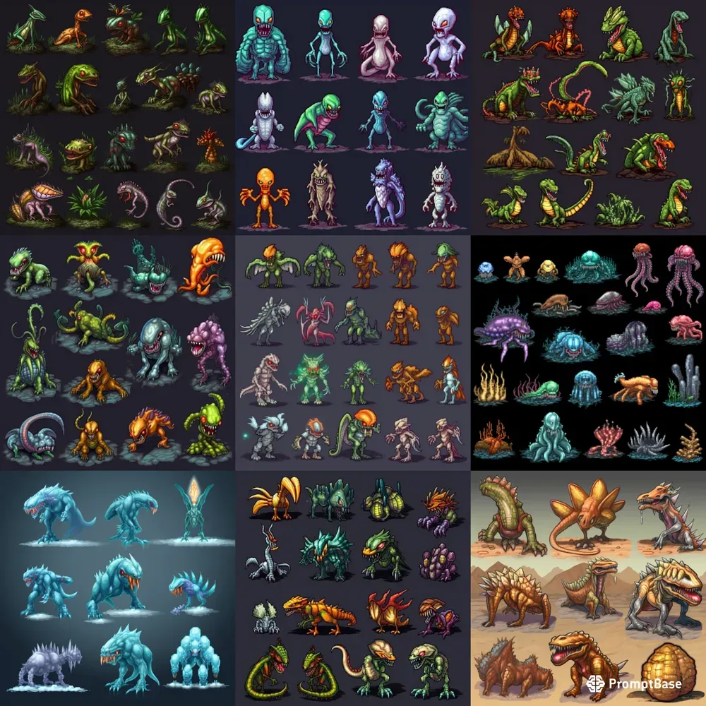 Pixel Art Monster Character Sheets Midjourney Prompt | PromptBase