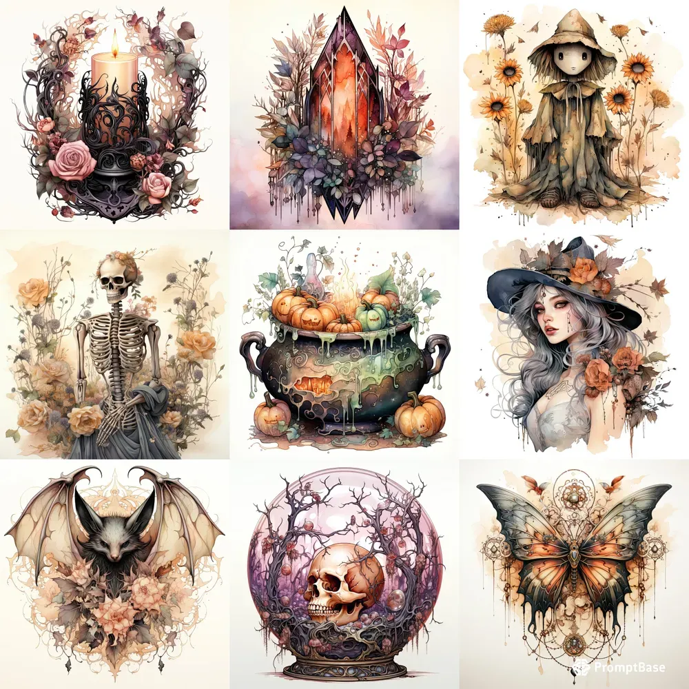 Watercolor Boho Halloween Cliparts Midjourney Prompt | PromptBase