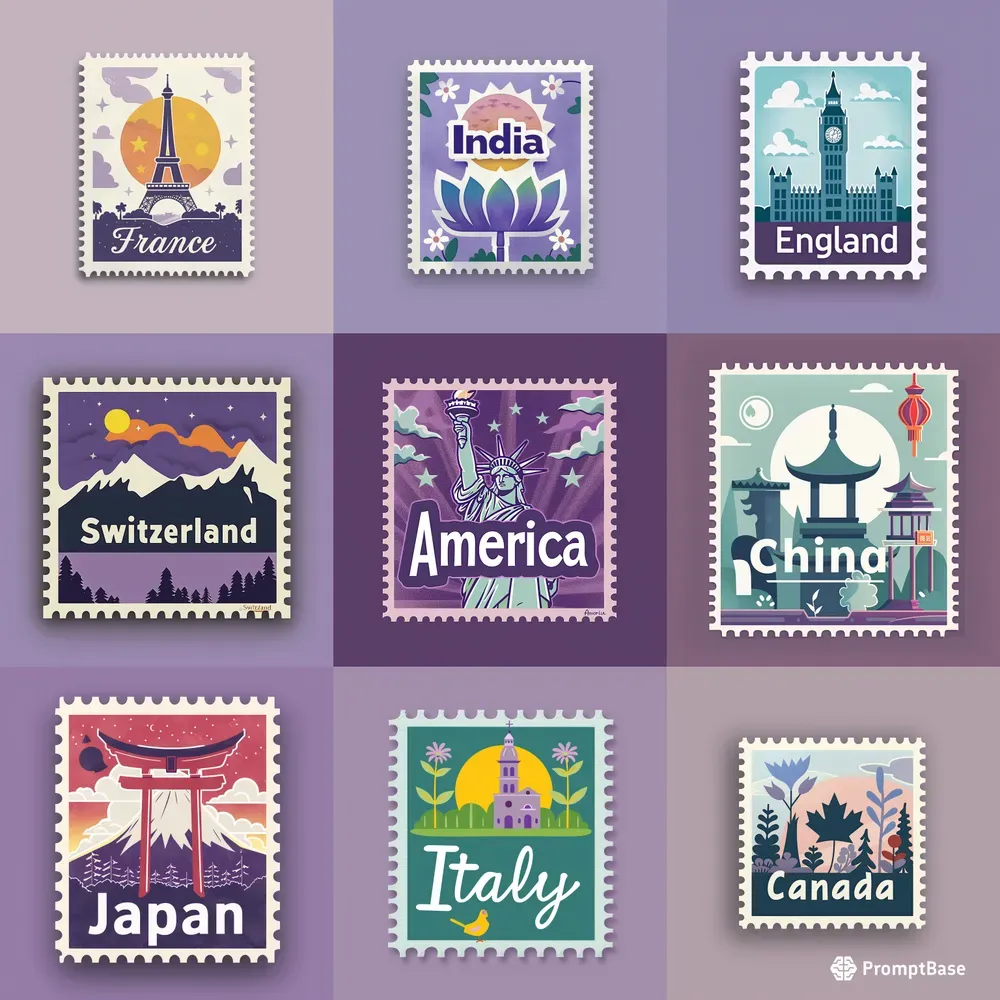 Minimalistic Country Stamps Midjourney Prompt | PromptBase