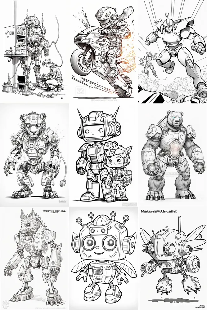 Mech Suit Characters Coloring Book Pages Midjourney Prompt | PromptBase
