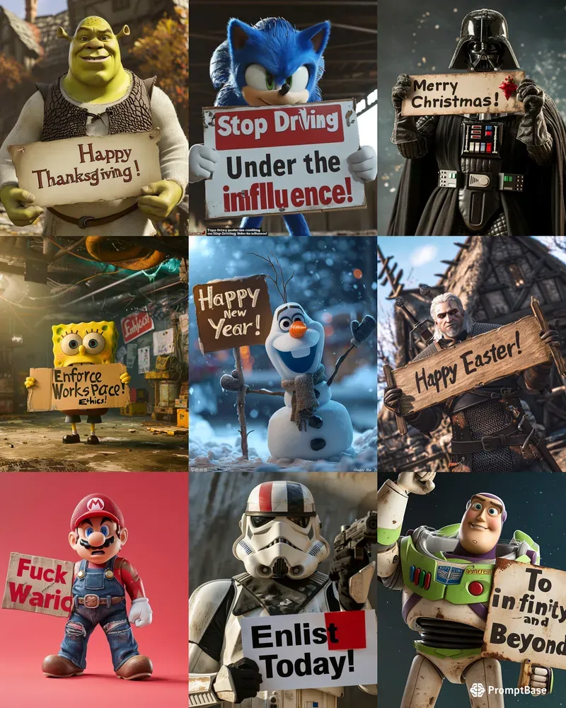 Characters Holding Text Signs Midjourney Prompt | PromptBase