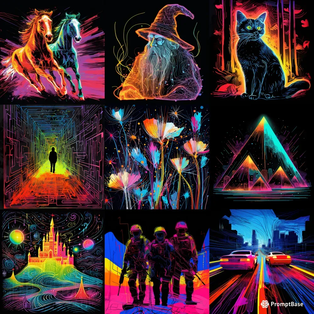 Glowing Vibrant Neon Line Scribble Art Midjourney Prompt | PromptBase