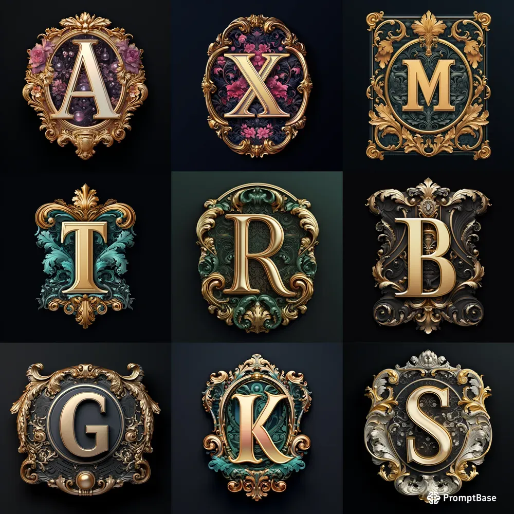 Luxury Ornate Initial Emblem Fonts Midjourney Prompt | PromptBase