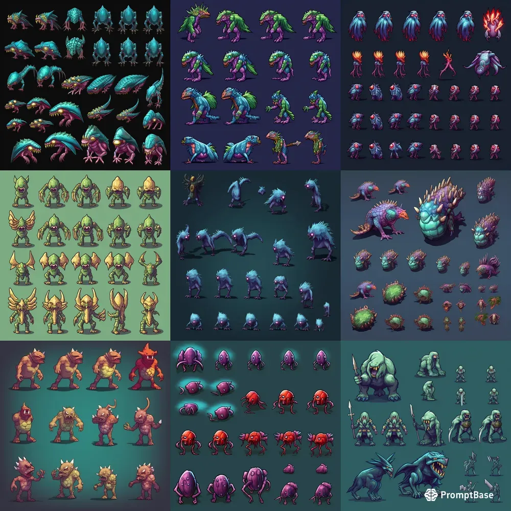 Indie Game Enemy Creature Sprites Midjourney Prompt | PromptBase