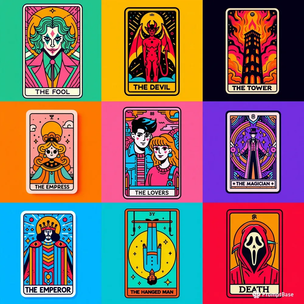 Fun Colorful Tarot Cards DALL·E Prompt | PromptBase