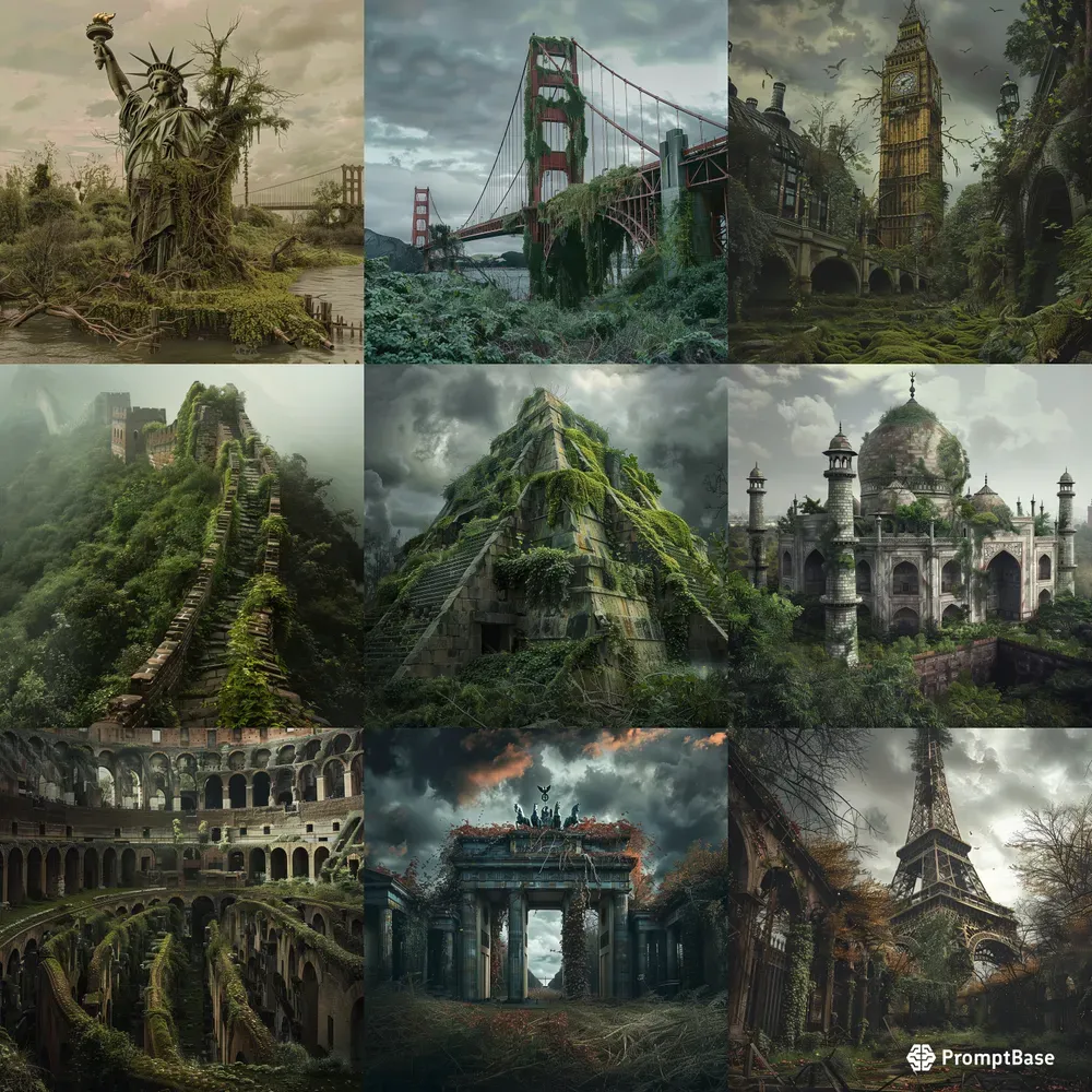 Post-apocalyptic Overgrown Landmarks Midjourney Prompt | PromptBase