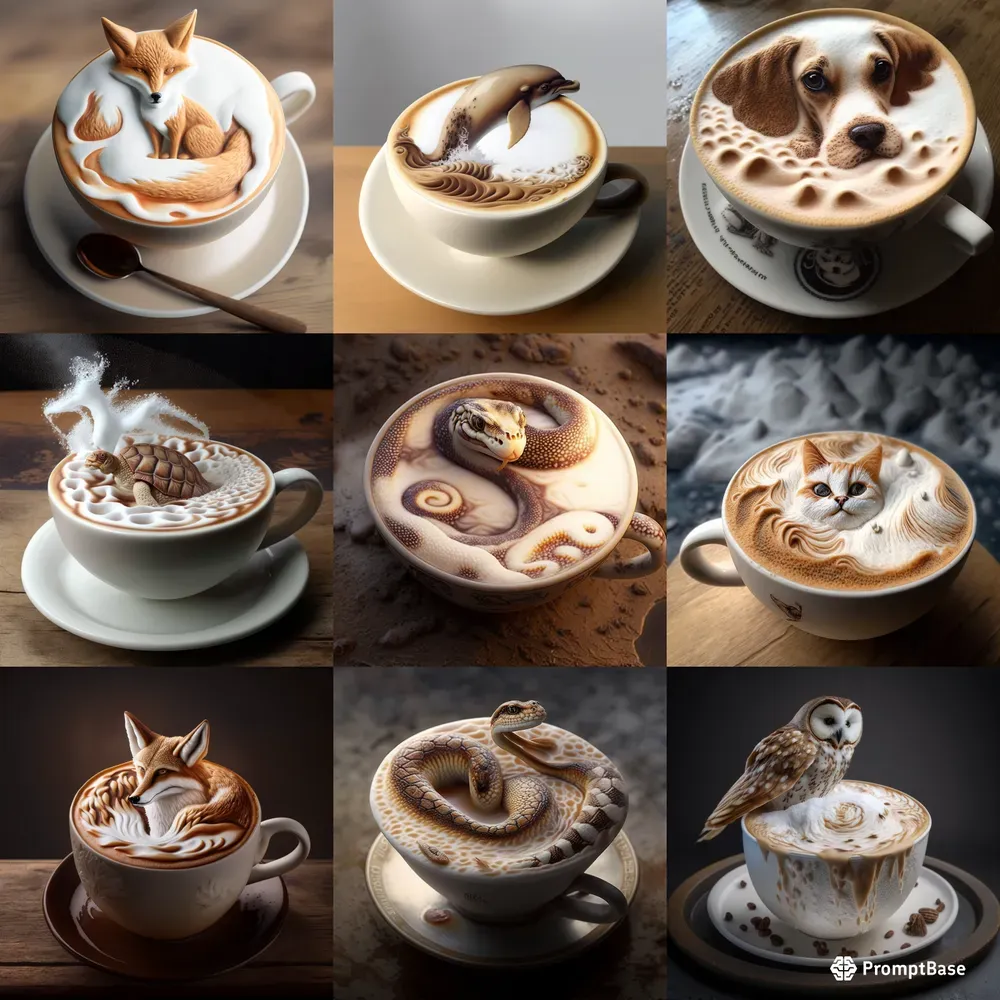 Fantasy Latte Art With Animals Midjourney Prompt | PromptBase