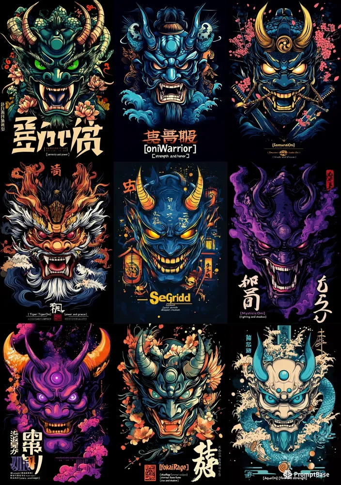 Oni Masks Japanese Designs Midjourney Prompt | PromptBase