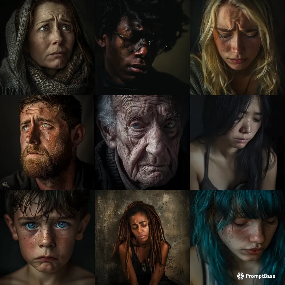Ultrarealistic Sad People Photoshoots Midjourney Prompt | PromptBase