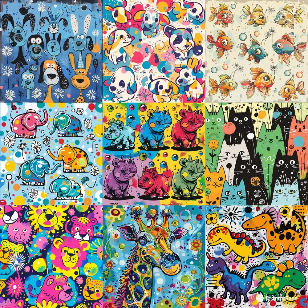 Repeated Animal Cartoon Patterns Midjourney Prompt | PromptBase